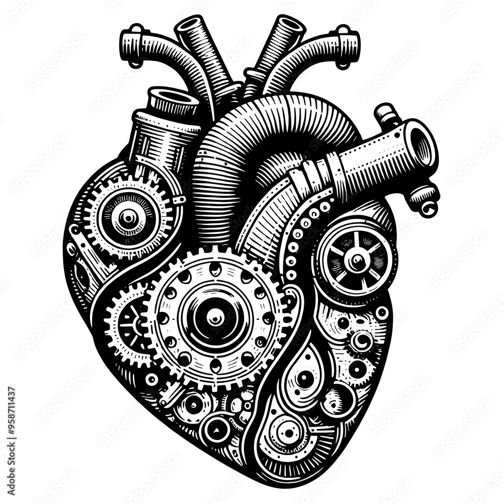Steampunk heart composed of gears, pipes, mechanical components, human ...