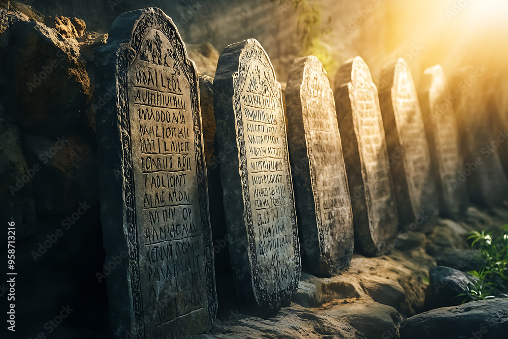 Ancient stone tablets featuring inscribed commandments, representing a ...