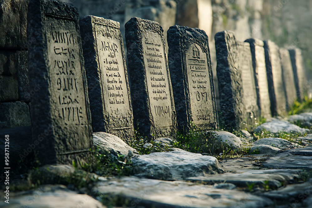 Ancient stone tablets featuring inscribed commandments, representing a ...