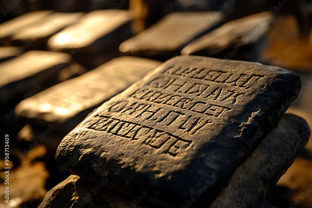 Ancient stone tablets featuring inscribed commandments, representing a ...