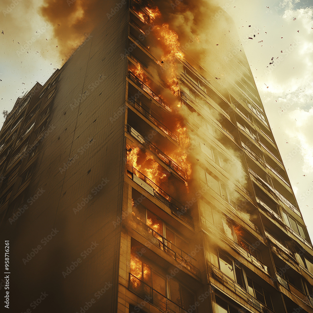 A high rise apartment building engulfed in flames, showcasing dramatic ...