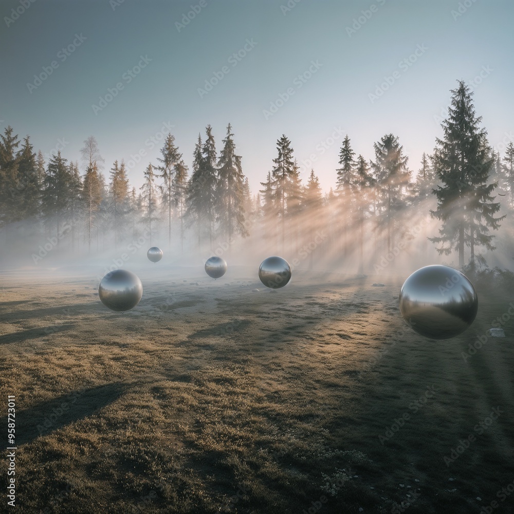 A surreal landscape featuring ten floating silver orbs of 120 cm diameter, casting soft shadows ...