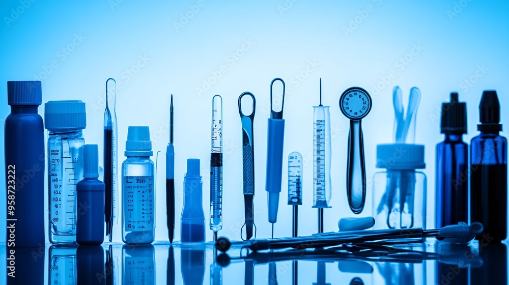 Shadowy silhouettes of common medical equipment like a thermometer and ...