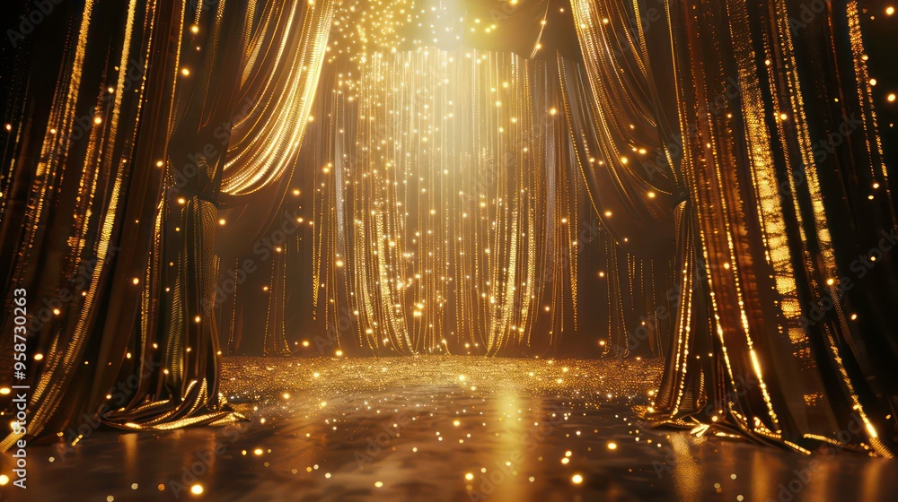 Golden glitter curtain background with bokeh effect and spotlight ...