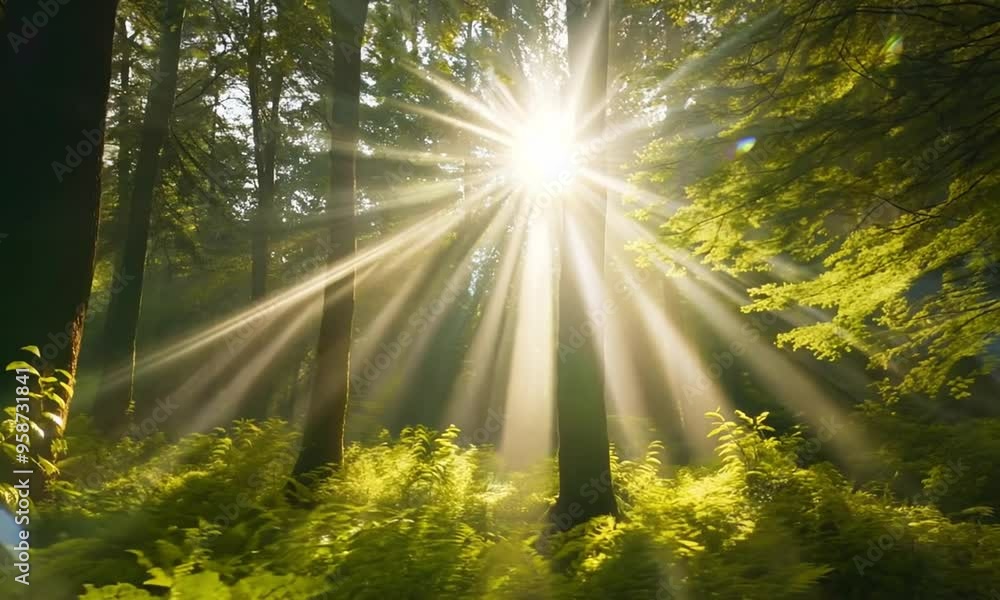 Sunlight streams through a dense forest canopy, illuminating the lush ...