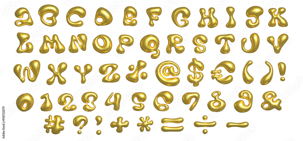 3d golden liquid font. Gold bubble typeface wit organic Fluidity ...