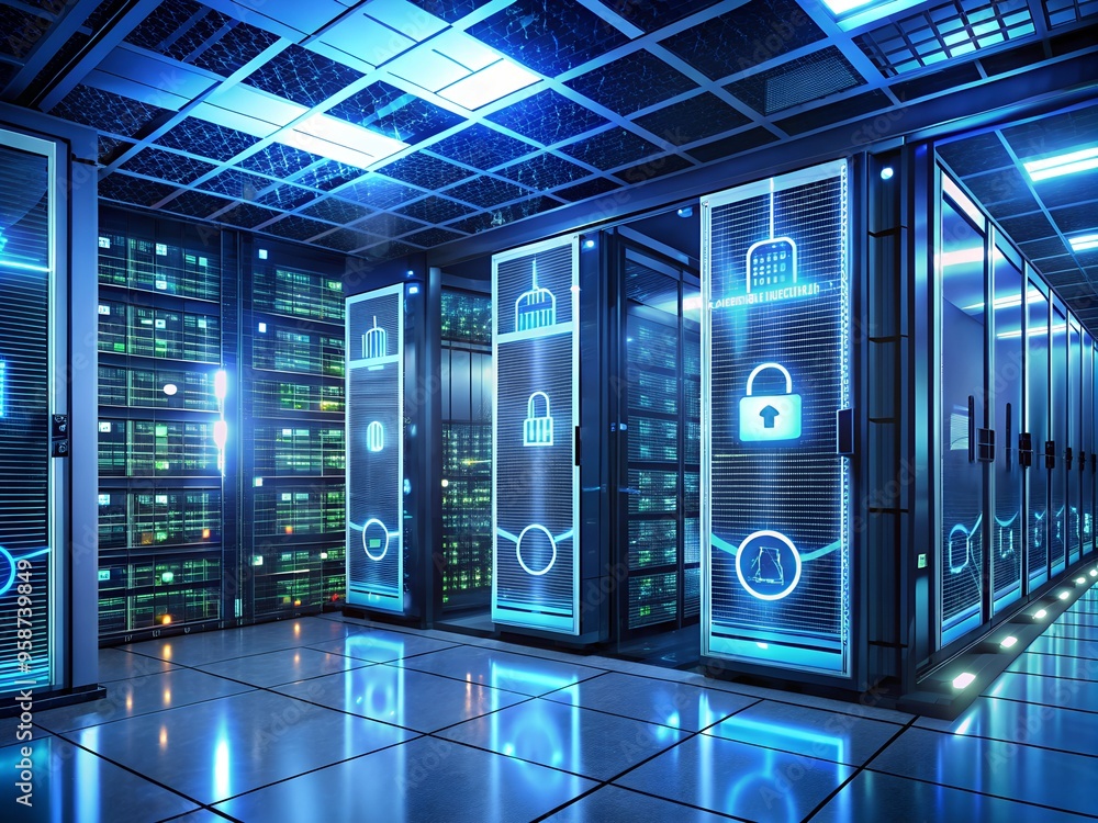 Design an image of a secure server room with multiple layers of ...