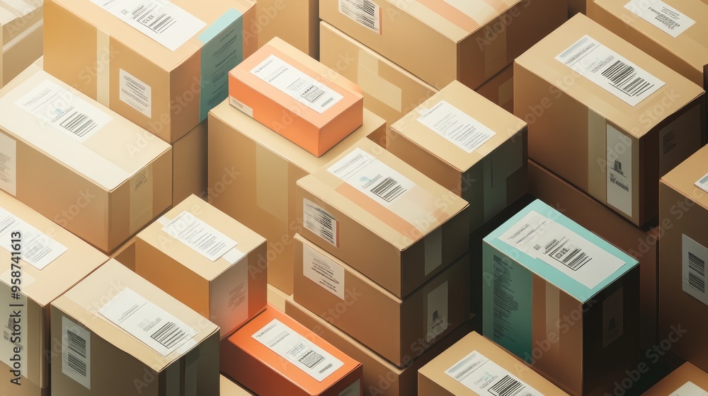 Cardboard boxes stacked vertically with different shipping labels ...