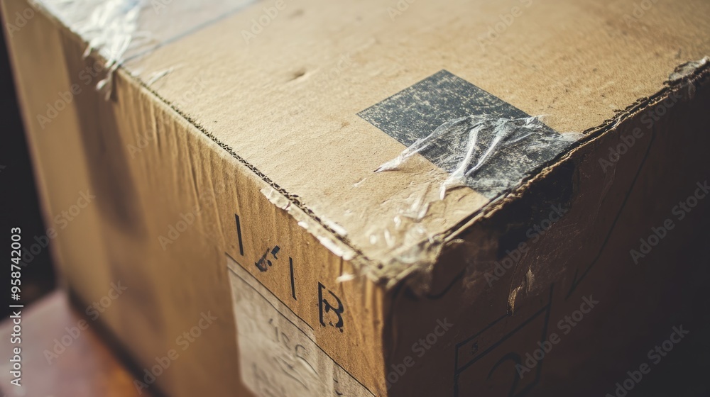 Close-up of a cardboard box with fragile markings and a shipping label ...