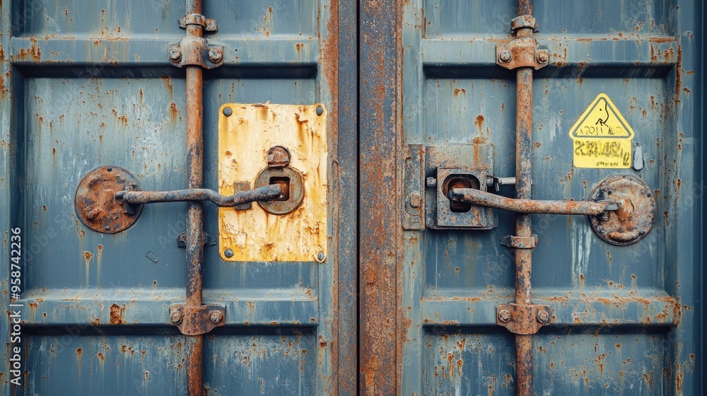 Close-up of a shipping container door with rusted metal texture ...