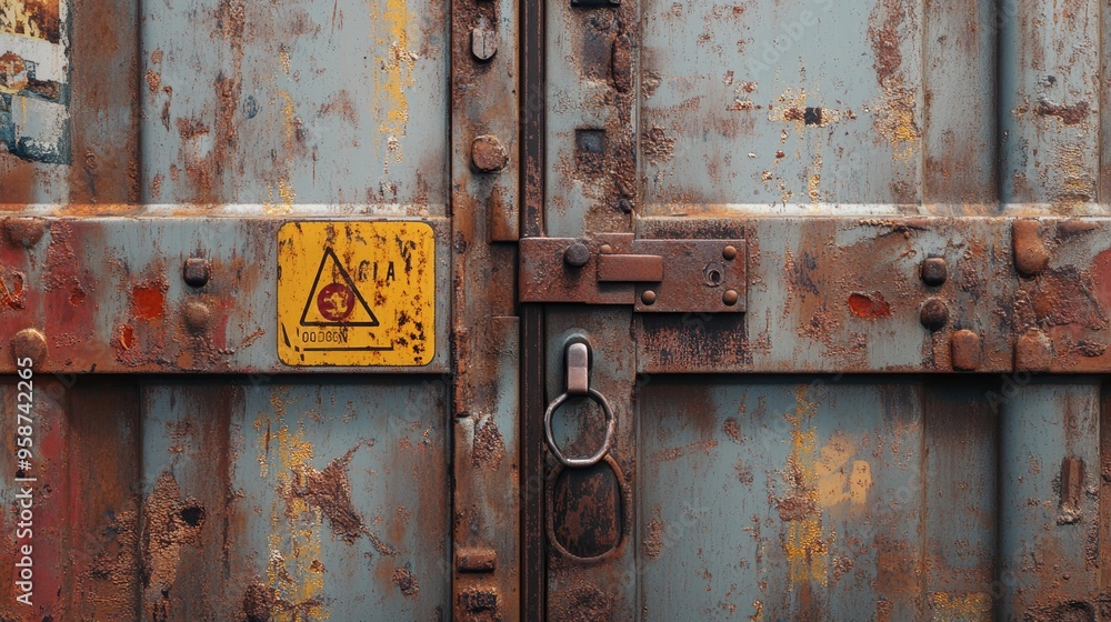 Close-up of a shipping container door with rusted metal texture ...