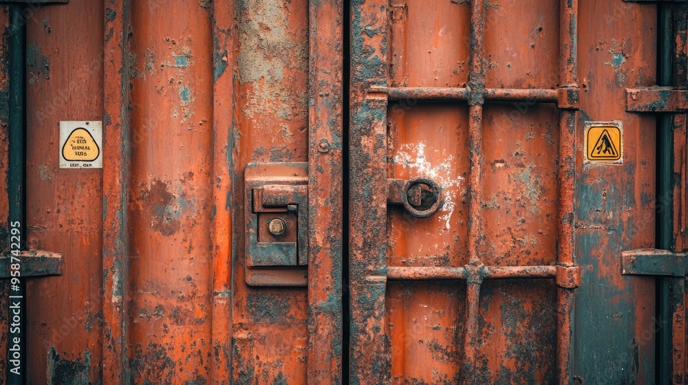 Close-up of a shipping container door with rusted metal texture ...