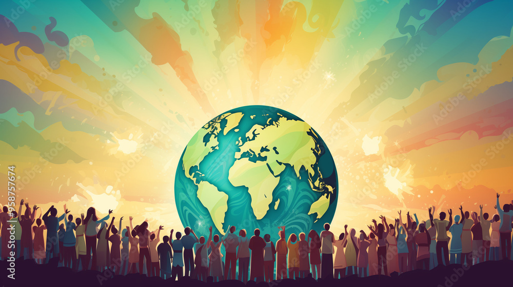 Global unity celebration with diverse crowd and world illustration ...