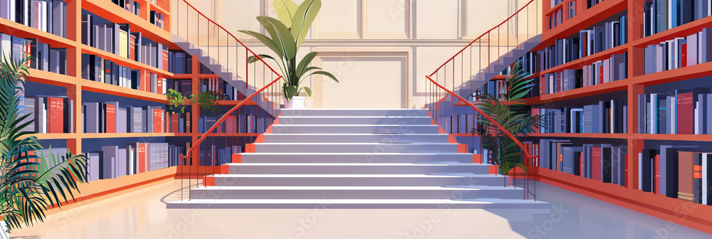 A set of tiered stairs leading to a mezzanine filled with reference ...