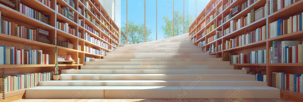 A set of tiered stairs leading to a mezzanine filled with reference ...