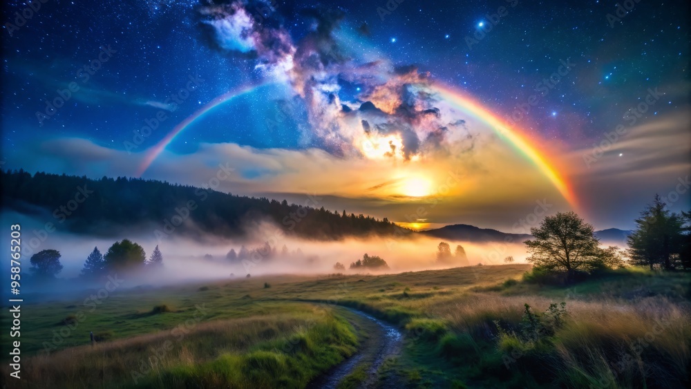 Vibrant, elusive moonbow arcs across a misty, starry night sky, its ...