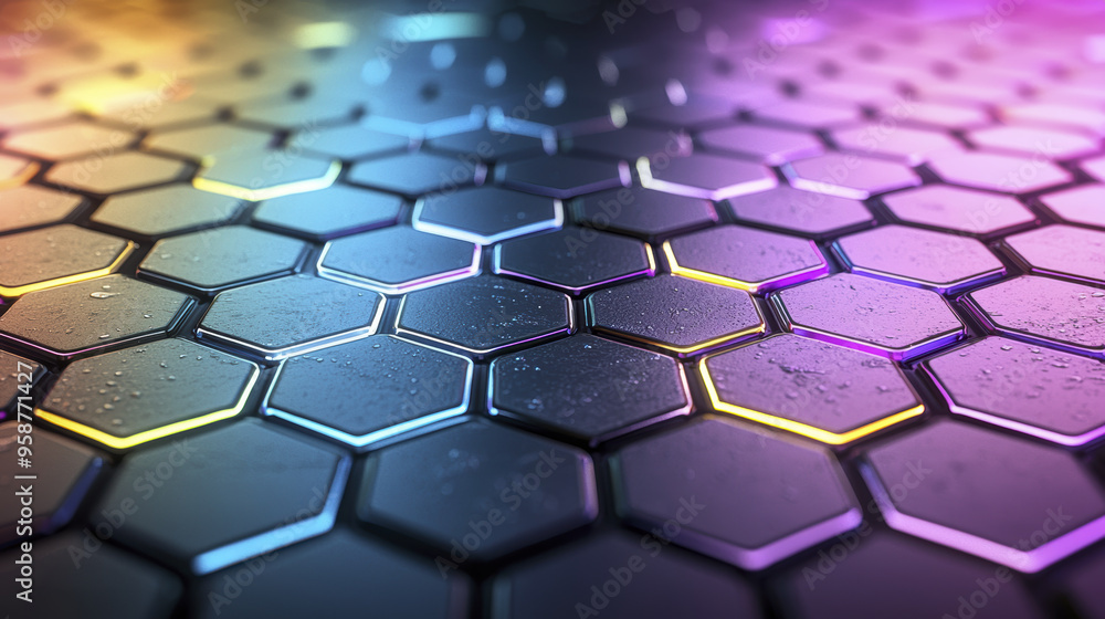 A vibrant floating holographic hexagon grid with glossy surface and colorful reflections ...