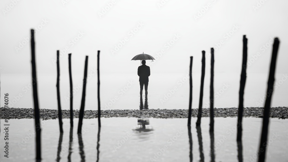 Black and white photography, minimalism, a sad man with an umbrella ...