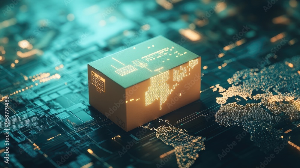 Product delivery box on a digital world map, showcasing technology's ...