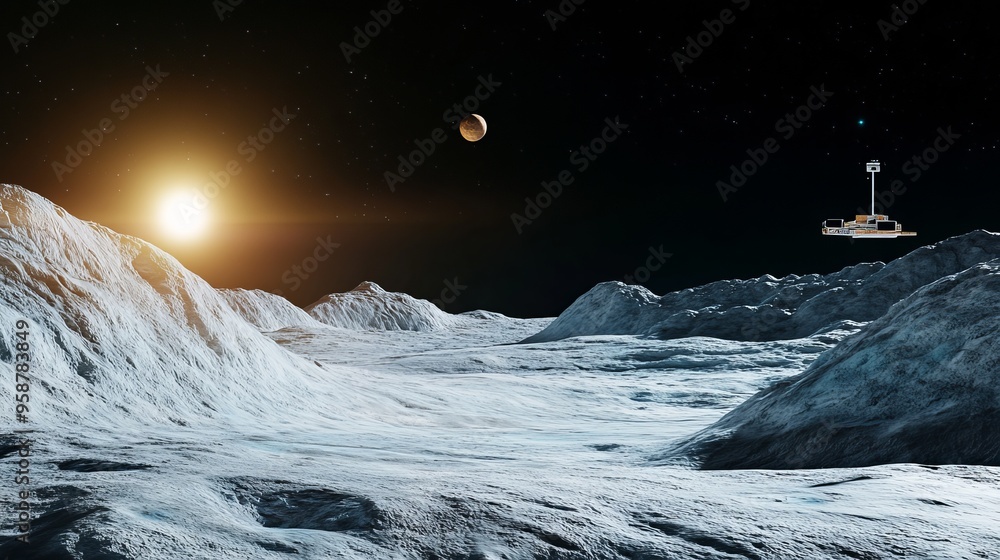 Robotic space probes exploring the icy moons of a distant planet, outer ...
