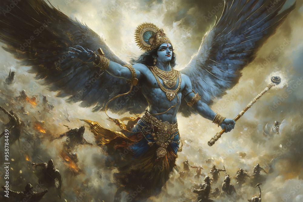 Krishna, calm yet powerful, with his Sudarshana Chakra raised, as ...