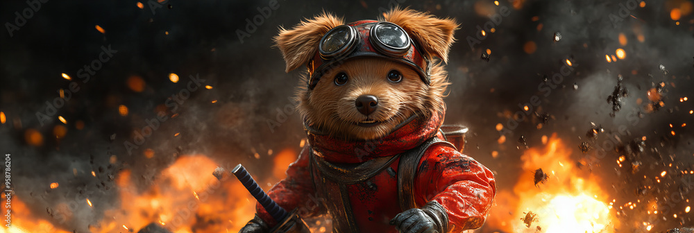 Adventurous Bear Cub in Steampunk Gear Surrounded by Explosive ...