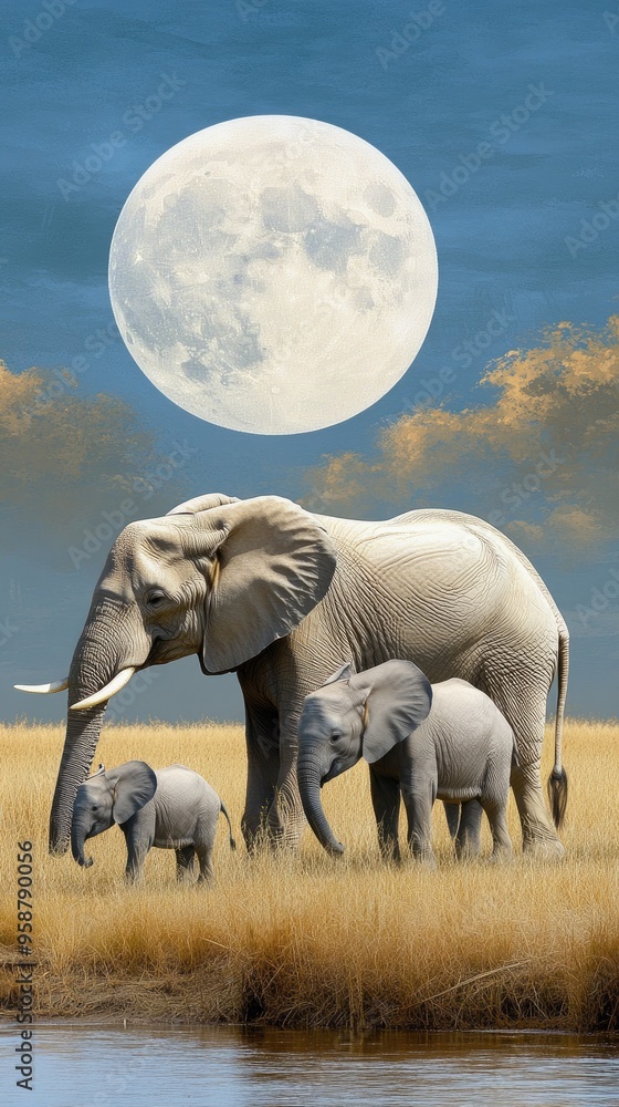 Elephants walk through a river in the African savanna, with adults ...