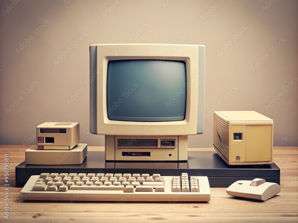 Vintage beige computer with CRT monitor and nostalgic keyboard ...