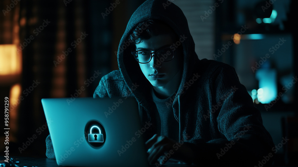 A young hacker, wearing a hoodie and glasses, sits in a dark room with ...