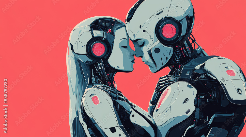 Couple of robots in love. Male robot holds a female robot in his arms ...