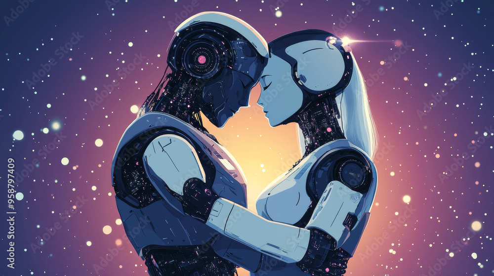 Couple of robots in love. Male robot holds a female robot in his arms ...