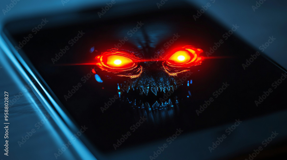 A phone screen shows a scary AI with glowing red eyes. The AI looks ...