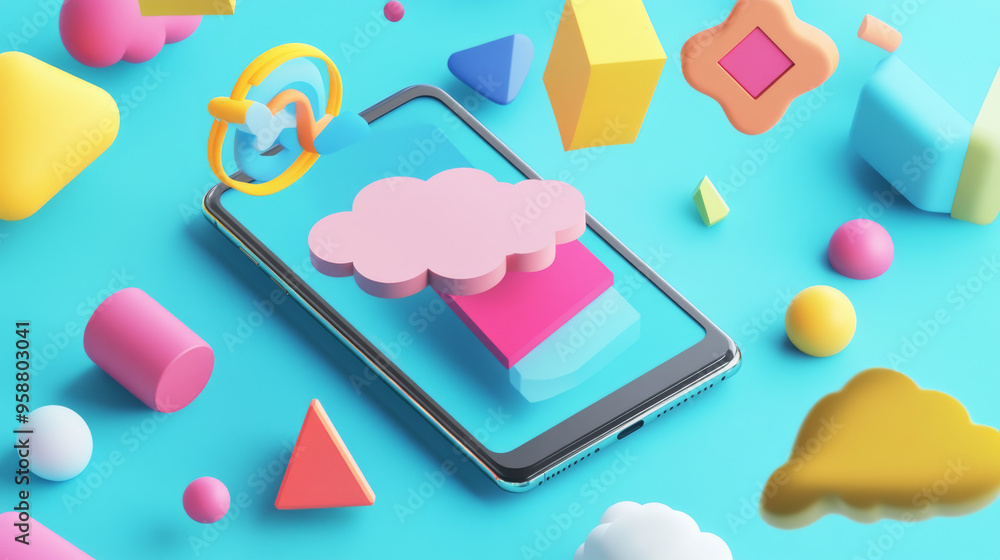 A phone with colorful shapes floating over its screen. This represents ...