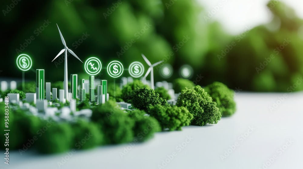 Eco-friendly city model with wind turbines, trees, and green technology ...