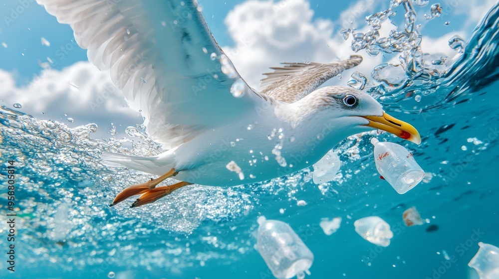 Seabird feeding on fish contaminated with microplastics, showing the ...