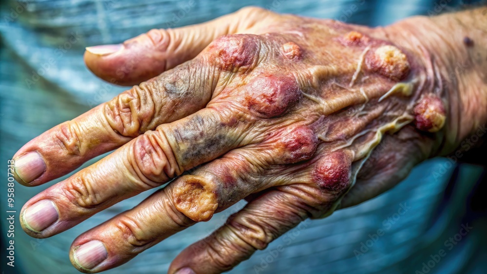 A close-up of a hand with discolored, deformed, and ulcerated skin ...