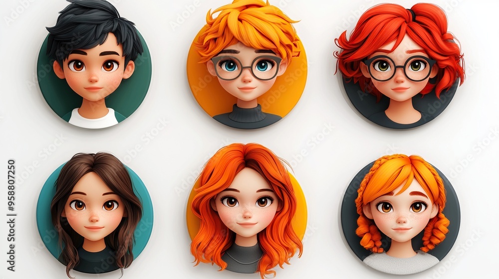 people avatar collection set of roun stickers with cartoon character ...