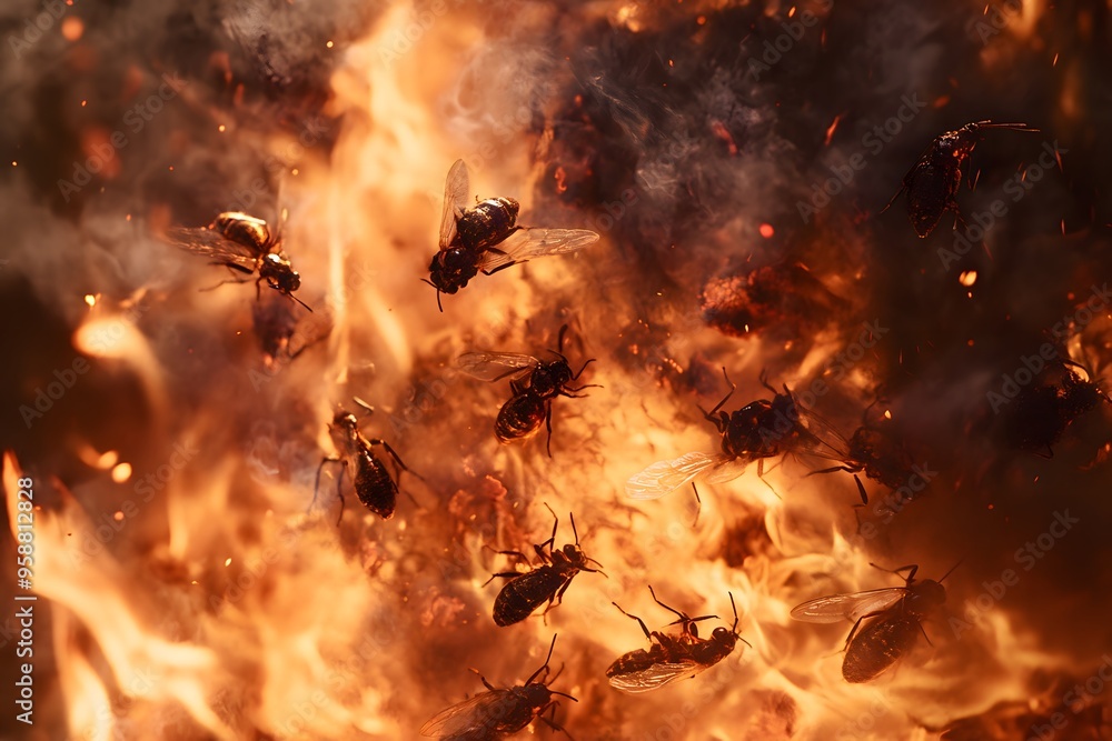 Silhouettes of insects flying through a fiery inferno, creating a ...