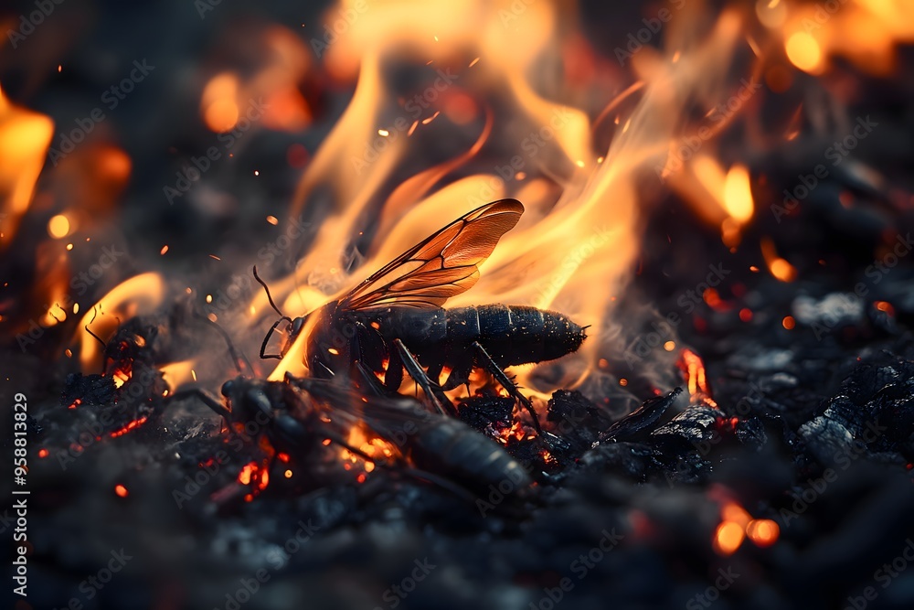 A close-up of a black wasp in a fire. The flames are licking at the ...