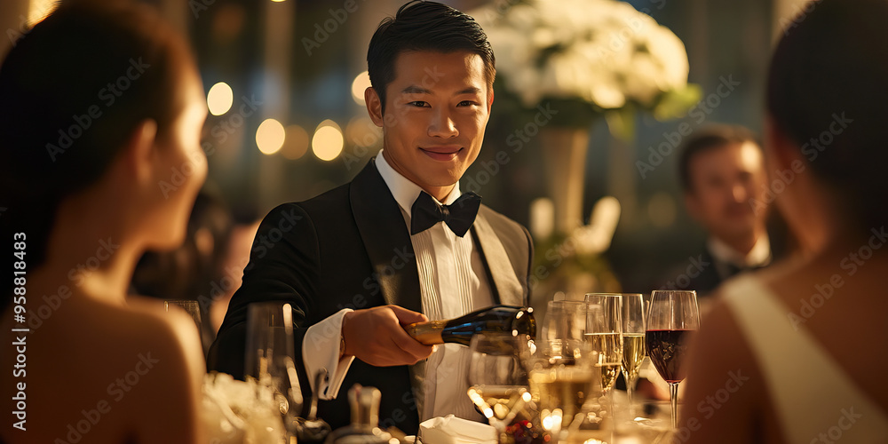 Handsome Asian man in tuxedo, serving wine to a table of guests at a ...