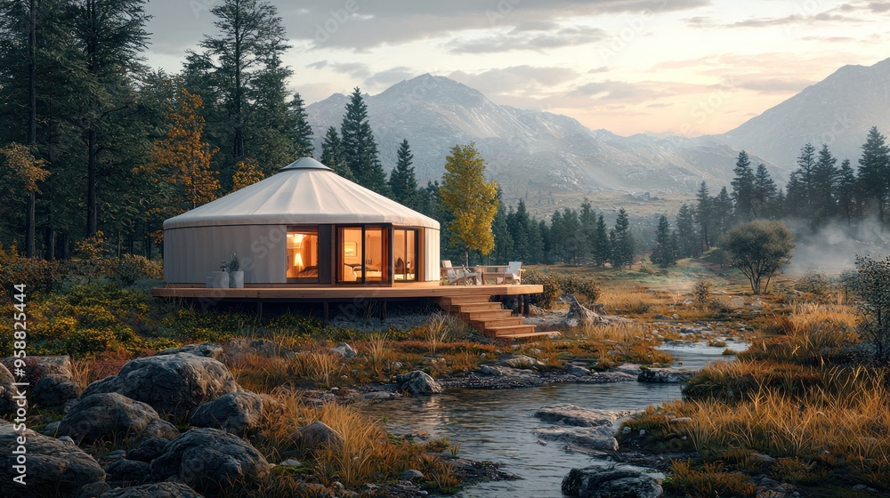 A modern yurt set in a scenic location, with a blend of contemporary ...