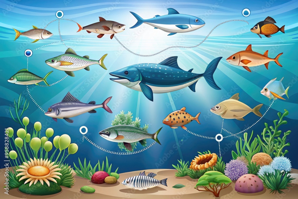 A Marine Food Chain Illustrated By A Colorful Infographic With Sea ...