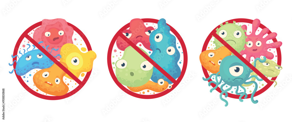 Bacteria in prohibition sign. Comic crossed out microbes and viruses ...