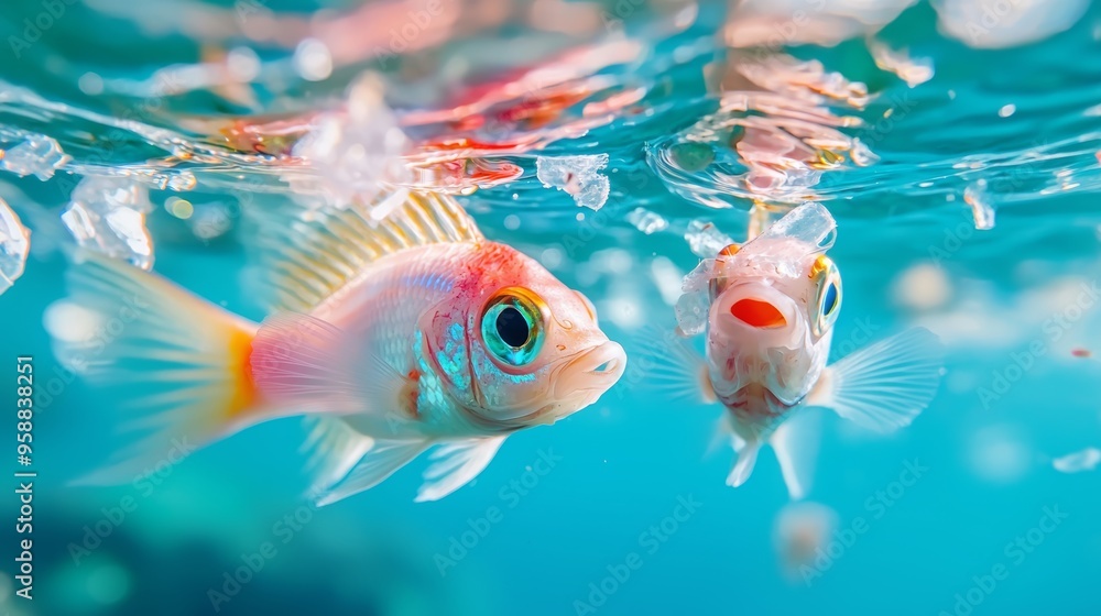 Underwater shot of small fish consuming microplastics, representing the ...