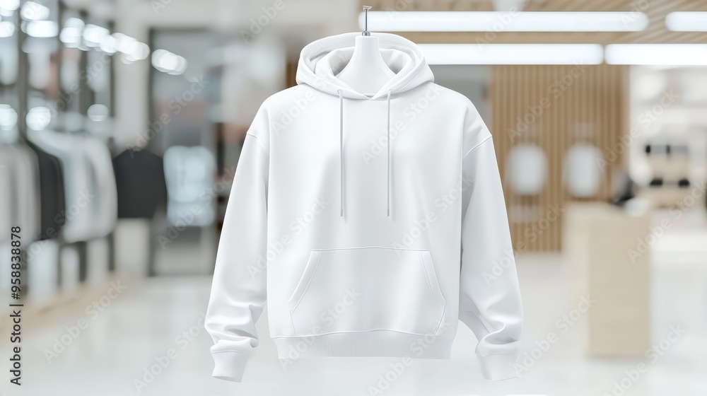 White hoodie showcased from front and back angles in a blurred store ...