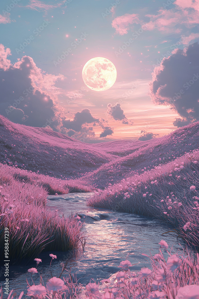 This enchanting image features a magical pink valley with a peaceful ...