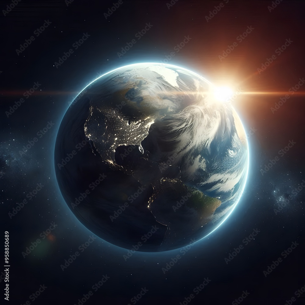 View of Earth from space with a radiant sunrise illuminating the planet ...
