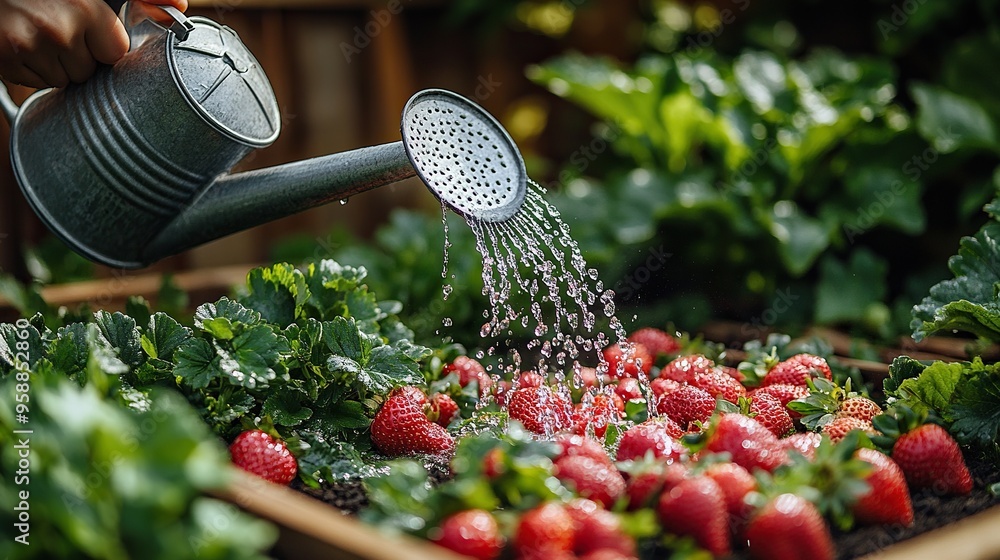 girl watering strawberries in raised bed holding metal watering can ...