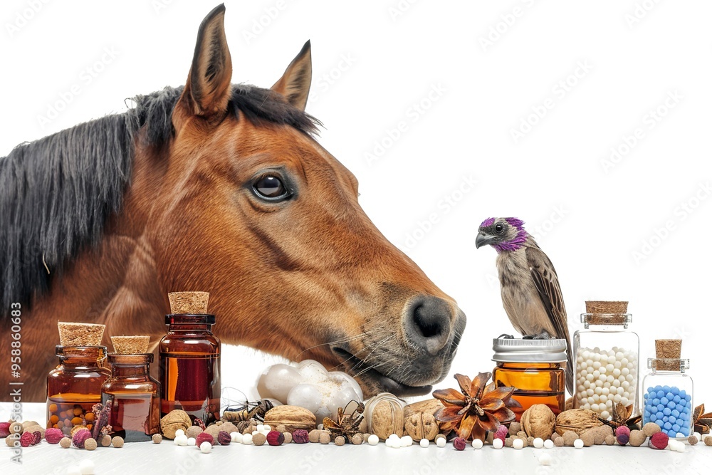 Homeopathy for animals banner, white background, Dogs, cats, horses ...