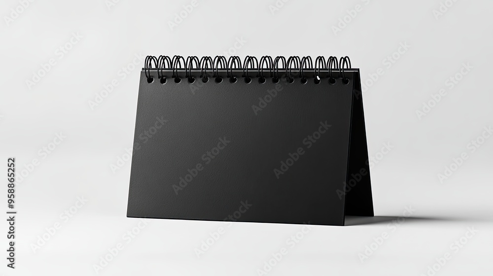 4. A black, spiral-bound desk calendar positioned on a plain white ...